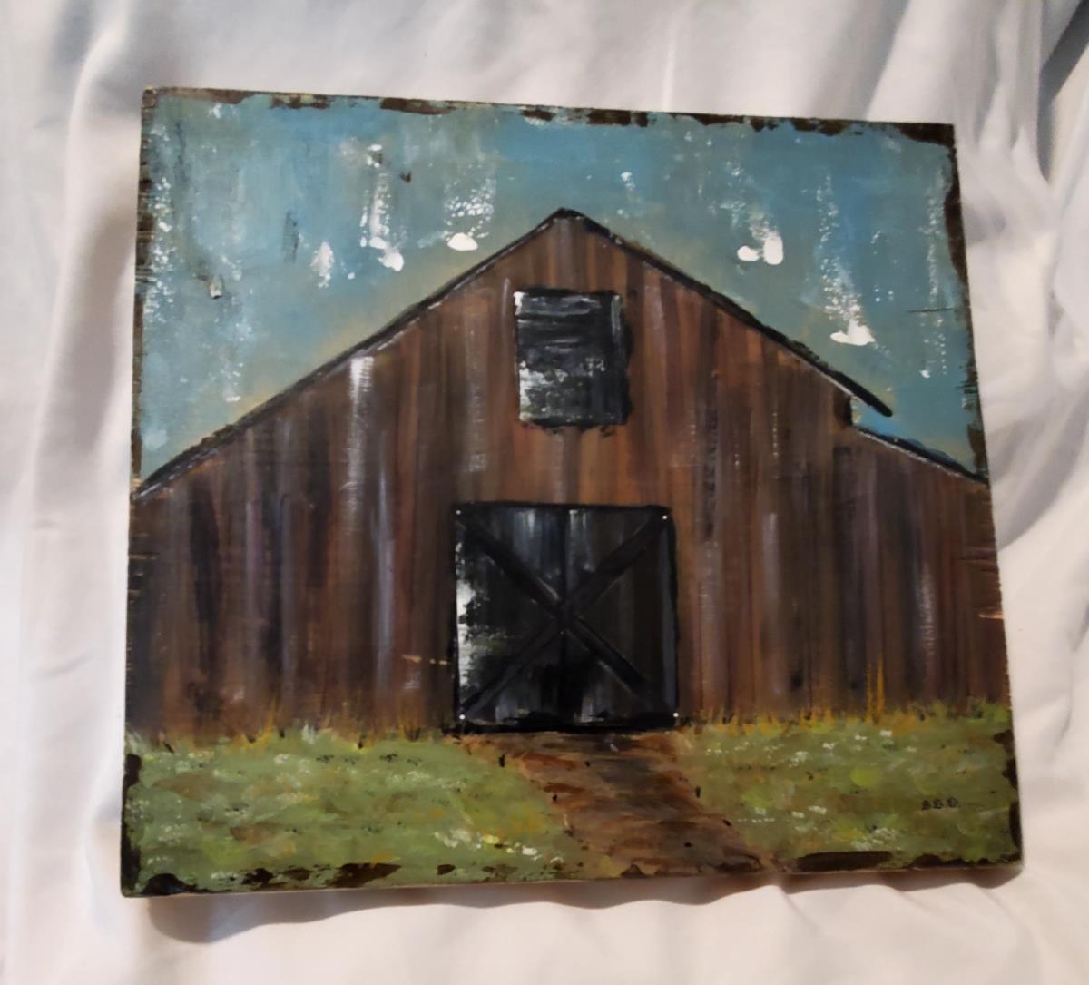 Rustic Handmade Barn Scene on Wood
